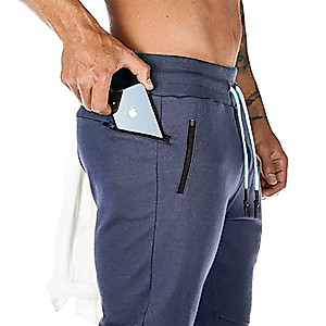 MANSDOUR Men's Athletic Gym Pants Workout Running Joggers Pants Slim Fit Sport Track Pants Outdoor Jogging Sweatpants Casual Quick Dry Tapered Training Trousers with Zipper Pockets Navy