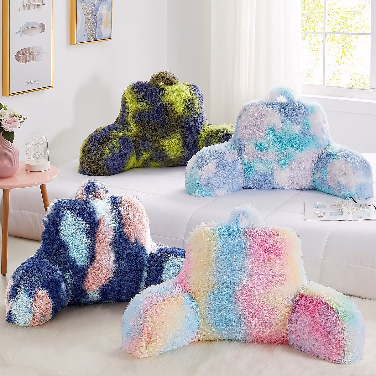 Hobed Life Faux Fur Backrest Pillow for Kids, Teen Reading Pillow with Arms, Fluffy Back Support Pillow for Sitting Up in Bed/Couch, Bed Wedge Pillow for Girls, Reading & Bed Rest Pillows (Pink)