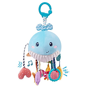 Jollybaby Plush Stuffed Activity Pull String Hanging Toys for Stroller Car Seat Crib or Gym, Montessori Sensory Carseat Toy for Baby 0-3-6-12-18 Months, Whale Toy for Infant Baby Boy Girl Gifts
