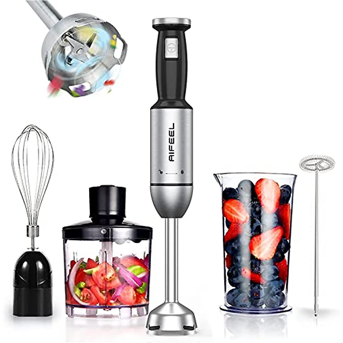 AIFEEL Immersion Hand Blender,Handheld Stick Blender with Ice Chopper,Stainless Steel Whisk and Milk Frother for Smoothie, Baby Food, Sauces,Puree, Soup,Milk coffee