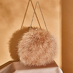 Women's Feather Clutch Purse Faux Fluffy Feather Round Clutch Shoulder Crossbody Bag Vintage Evening Bags with 2 Chains for Girls, Light Camel