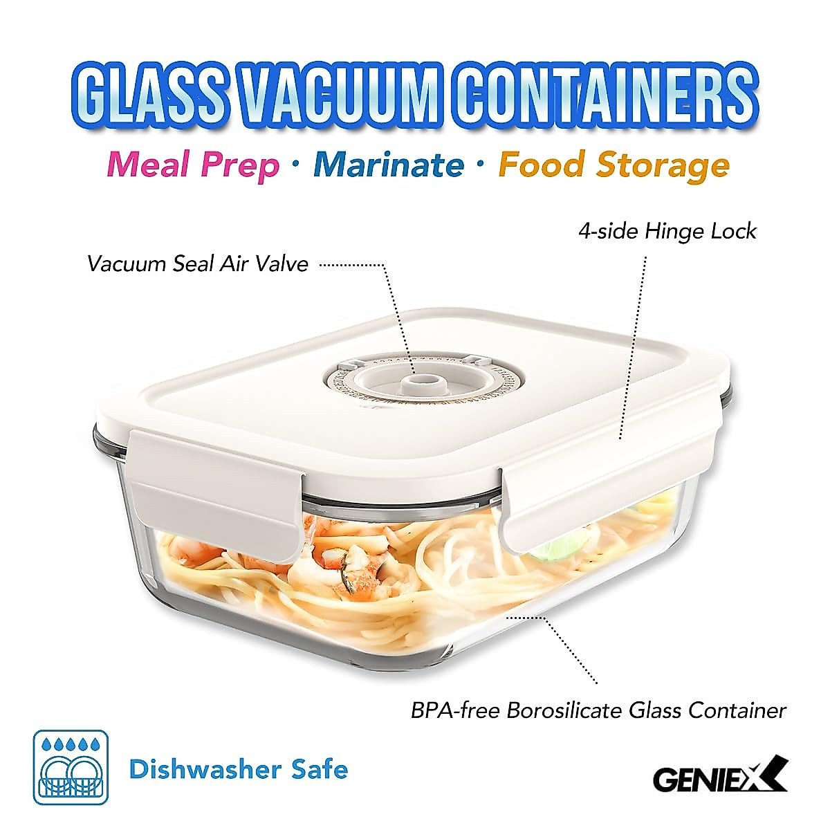GENIEX Vacuum Containers for Food Storage, Glass Vacuum Seal Containers Set of 3, Food Saver Containers for Vacuum Seal, Easy Clean Marinade container (Rectangular-Glass-3pc | Sealer sold separately)