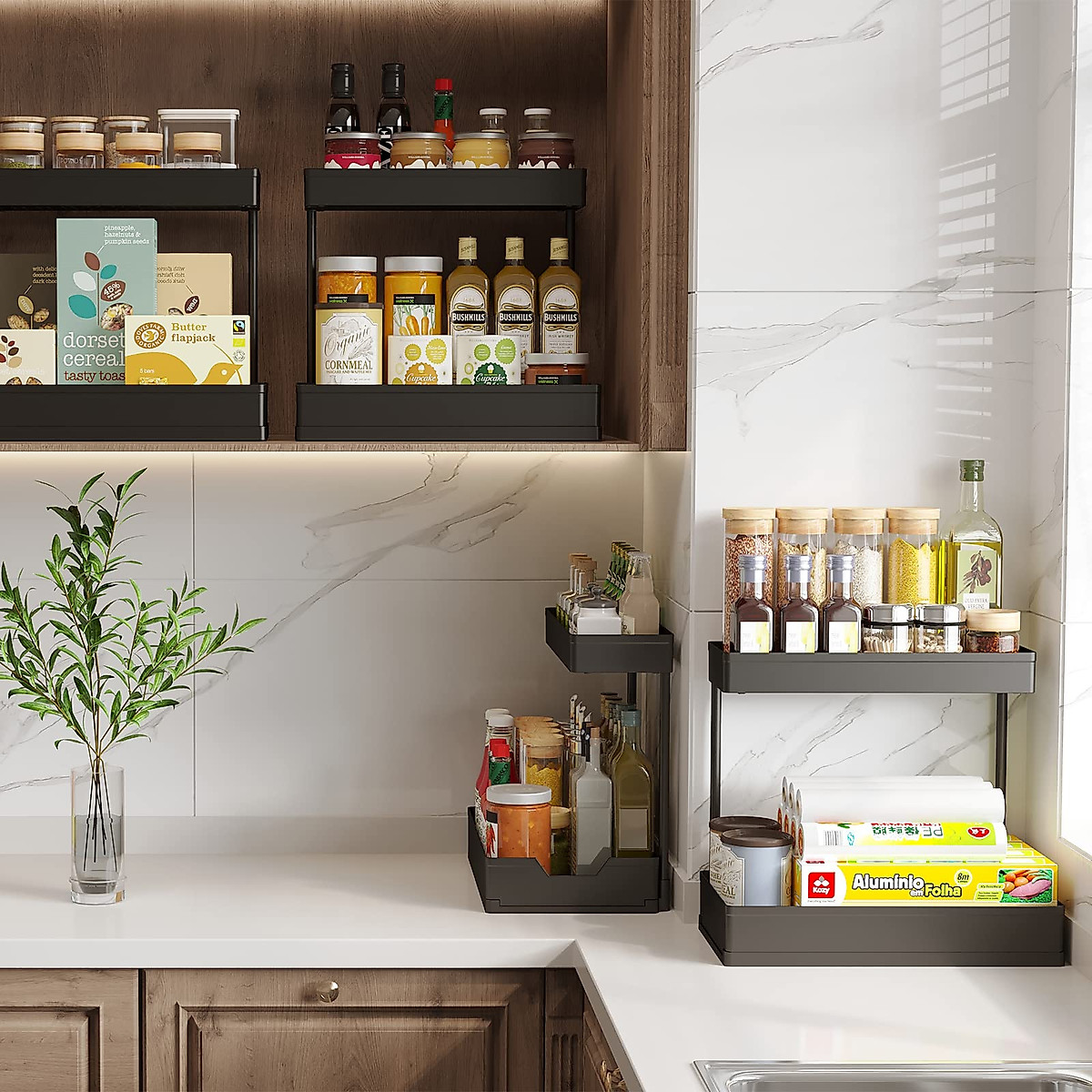 Under Sink Organizers and Storage 2 Packs, 2 Tier Pull Out Cabinet Organizer L-shaped, Sliding Under Bathroom Kitchen Sink Shelf, Multi-Purpose Organization and Storage for Bathroom Kitchen Cabinet