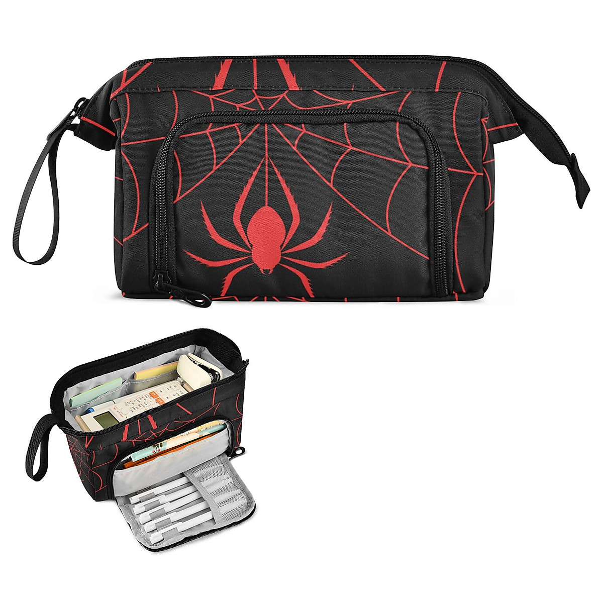 Glaphy Red Spider and Spider Web Halloween Pencil Case Large Capacity Pencil Pouch Bag Zipper Storage Stationery Bag for Office College School