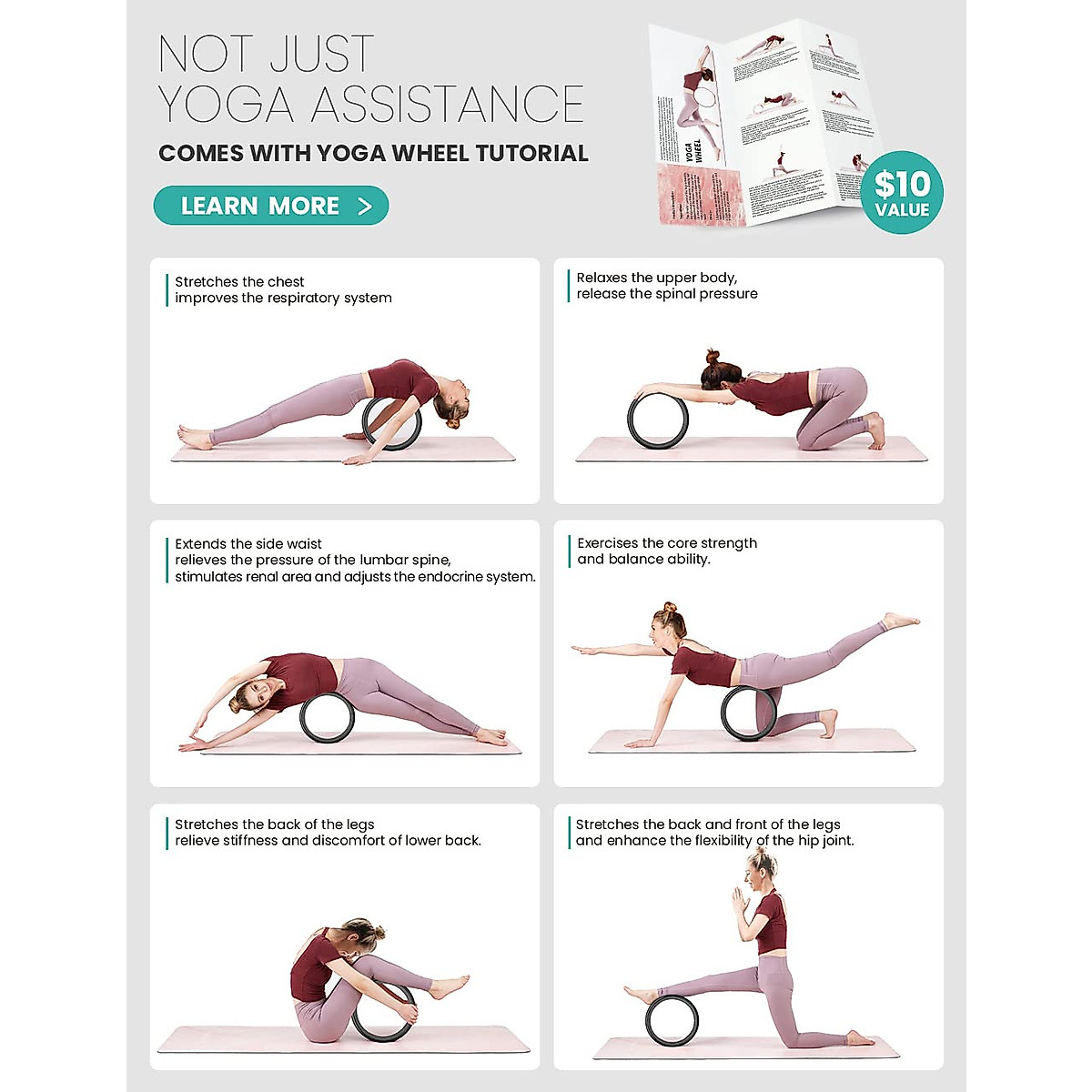 Yoga Wheel Set of 3, Back Roller for Back Pain Relief, Stretching, Multifunctional Back Wheel Improve Flexibility, Strength & Backbends, Deep Tissue Massage, Size 13"/10.5"/6.5''