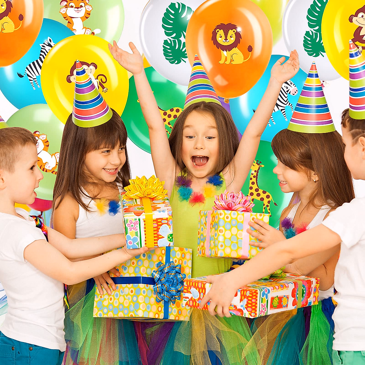 36 Pieces Jungle Safari Party Balloons Decoration Animal Palm Leaves Print Balloon Wild Animals Theme Party Decoration for Birthday Baby Shower Girl Boy Balloon Arch Garland Party Supplies, 12 Inches