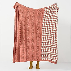 GunziStreet Luxurious Pure Cotton Knitting Throw Blanket Houndstooth Thousand-Bird Pattern Splicing Nordic Style Soft Warm Home Decor for Bed Couch Bedroom (Red Ruby, 51x63)