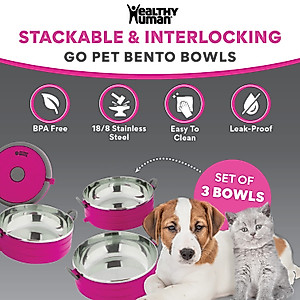 Healthy Human Travel Dog Bowls, Stainless Steel Portable Bento Bowls, Interlocking Set of 2 Bowls with Spare Clips and Handle, Ideal for Small to Medium Dogs