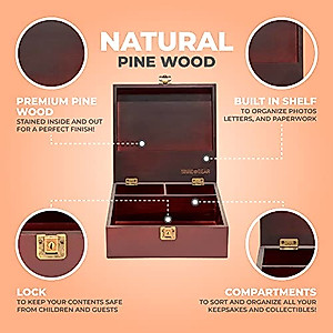 Wooden Storage box with Compartments and Key Lock - Locking Keepsake Box for Collectibles - Decorative Wood Box with Hinged Lid (Dark Brown)