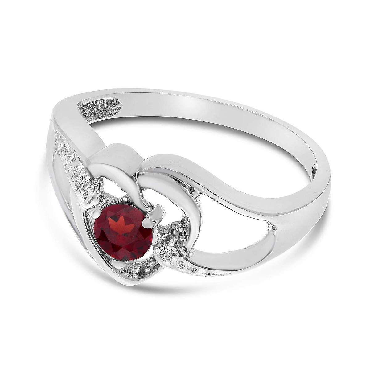 14k White Gold Round Garnet And Diamond Heart Ring (Size 8)