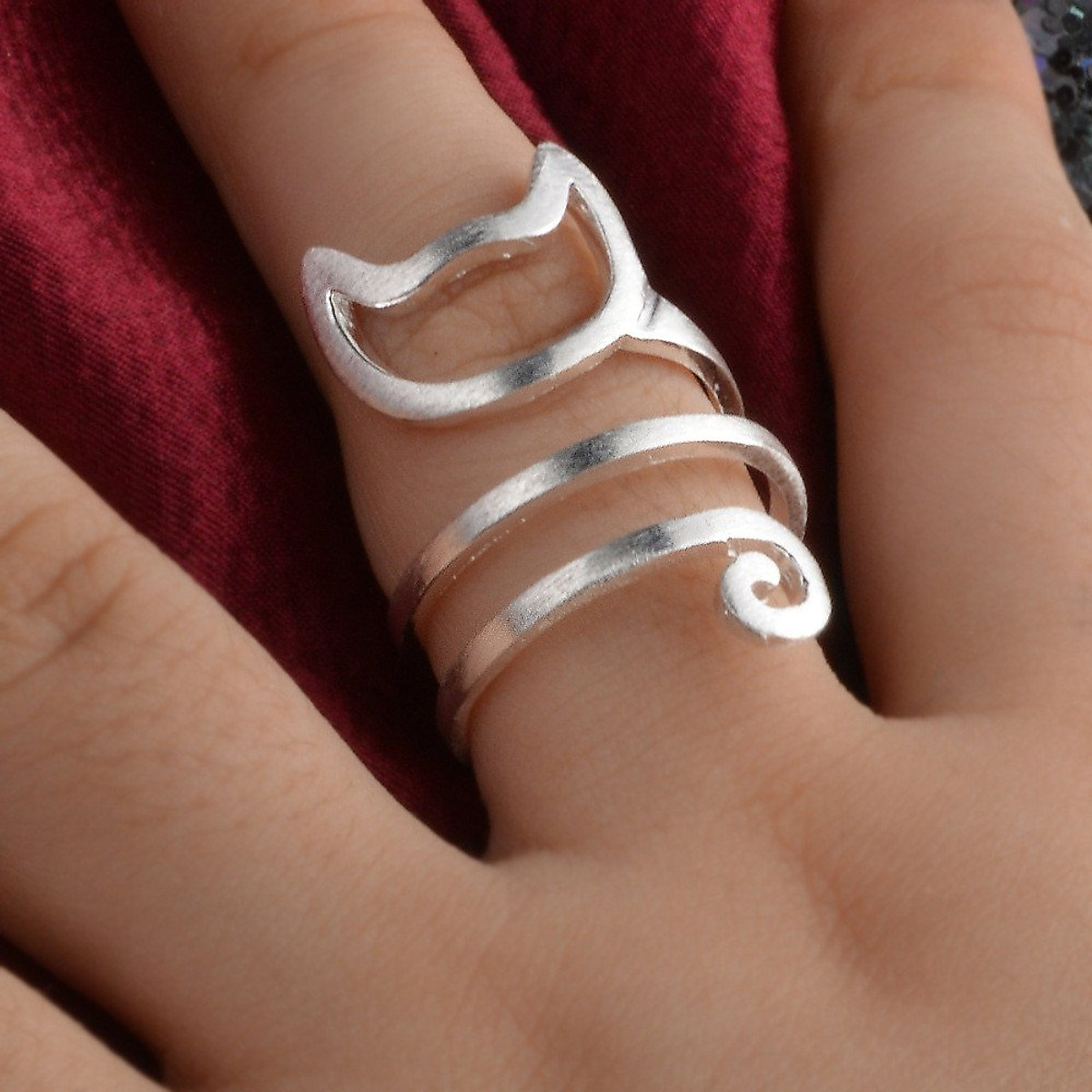 Cute Cat Ring Women Girl Wrap Finger Ring Adjustable Ring Jewelry (Silver, One Size)