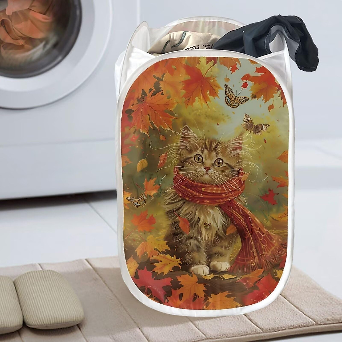 AFPANQZ Maple Cat Mesh Pop-up Laundry Hamper Collapsible Laundry Baskets with Side Pocket Steel Frame Foldable for Clothes Storage 61L, 13.5x13.5x21 inches