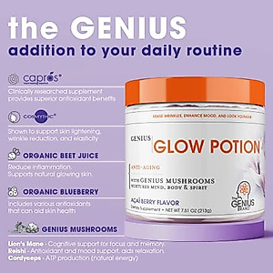 Genius Glow Potion, Anti-Aging Supplement, Acai Berry Powder - Beauty Supplements for Glowing Skin with Genius Mushrooms - All-in-One Wrinkle, Fine Line, Dark Spot Remover & Boosts Skin Repair