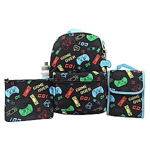 RALME Gaming Backpack Set for Kids, 16 inch, 6 Pieces - Includes Foldable Lunch Bag, Water Bottle, Key Chain, & Pencil Case