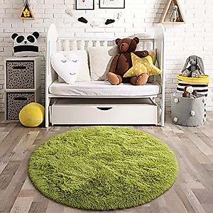 Chicrug Fluffy Round Area Rugs for Girls Bedroom, 4x4 Feet Shaggy Circle Area Rug for Living Room, Soft Fuzzy Carpets for Princess Room, Cute Rug Kids Circular Playmats for Baby Nursery Home, Green