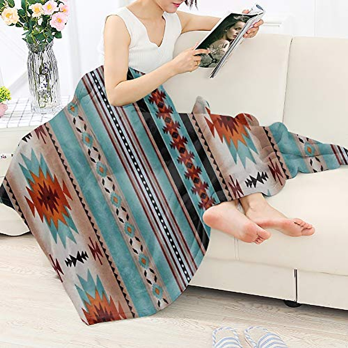 FKELYI Bed Blanket Flannel Blankets Aztec Tribal Geometry Print Throw Blanket Lightweight Cozy Plush Blanket for Bedroom Living Rooms Sofa Couch-XS
