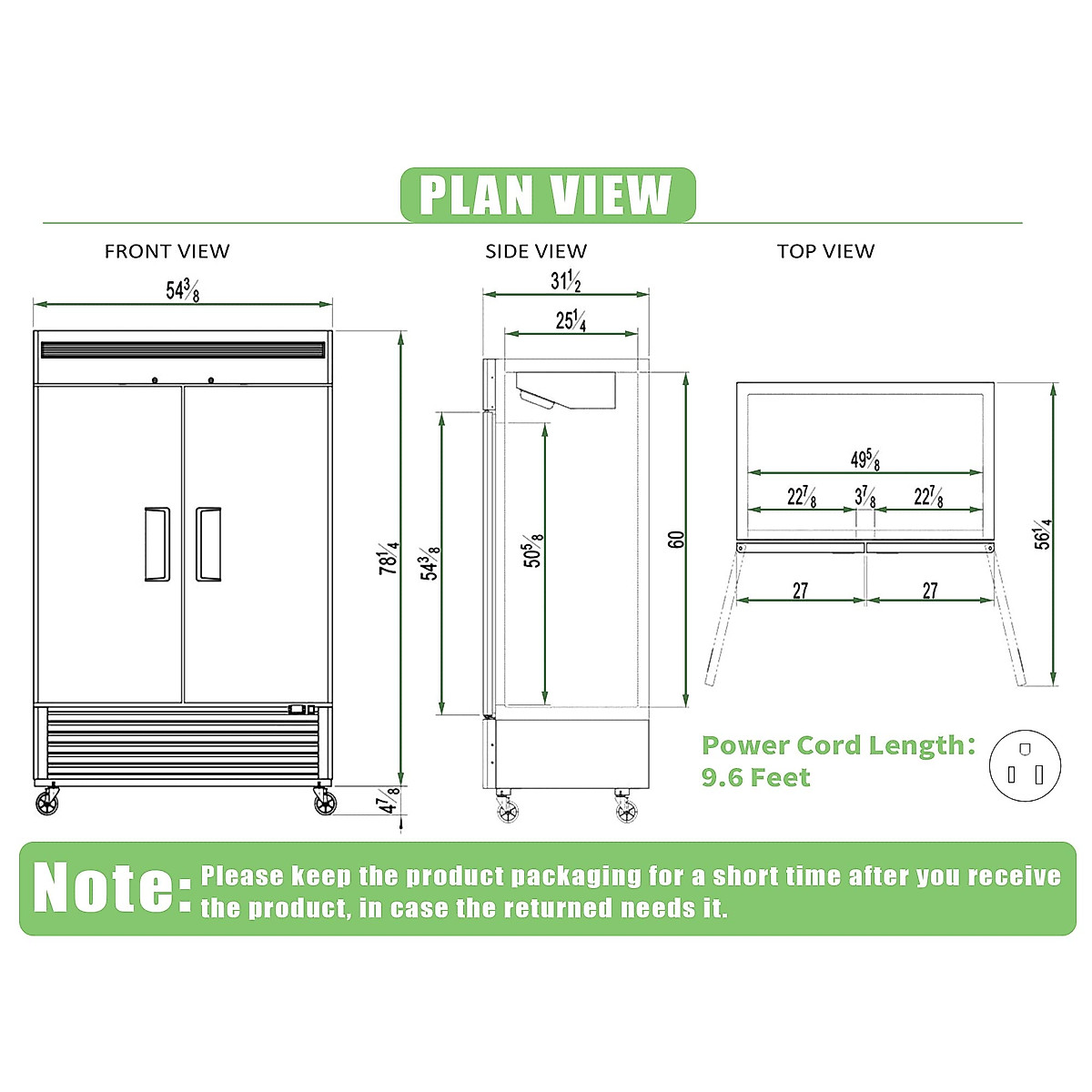 KITMA 2 Door Commercial Freezer 54" Commercial Reach-in Freezer Cooler, Commercial Fridge with LED Lighting, 49 Cu. Ft
