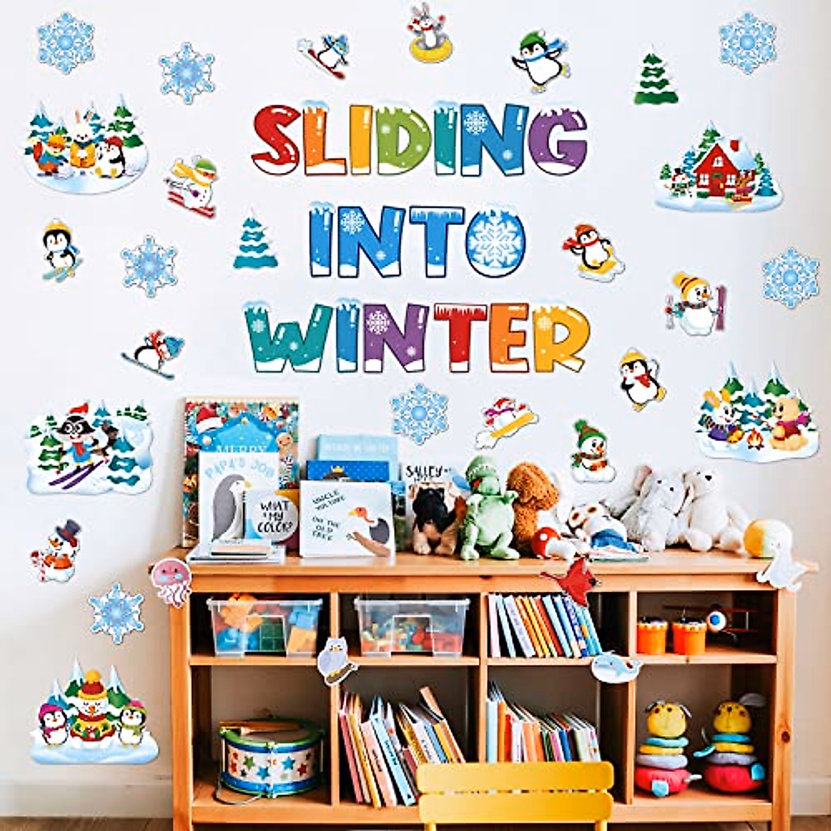 72 Pcs Winter Mix Cut Outs Winter Wonderland Cutouts Penguin Snowflake Snowman Paper Cutouts with Glue Point Dots Winter Bulletin Board Set for Classroom Decor School Christmas Winter Party Supplies