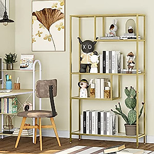 HOME BI Bookshelf,4 Tier Metal Frame Bookcase, Tall Book Shelf,Open Display Shelves for Office, Study Room, Living Room,Gold 13" D x 39.37" W x 70.08" H