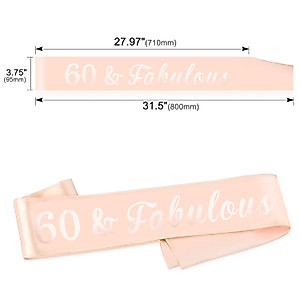 HOWAF Rose Gold 60th Birthday Sash, 60 and Fabulous Birthday Satin Sash for 60th Birthday Decorations Women 60 Birthday Gift Party Accessories, One Size