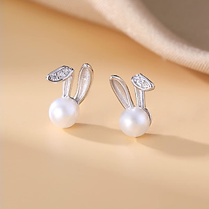SLUYNZ Cute CZ Pearl Rabbit Studs Earrings for Women Girls Sterling Silver Bunny Studs Earrings Animal Earring Jewelry Birthday Friendship Gift Adult Earrings(A-Silver)
