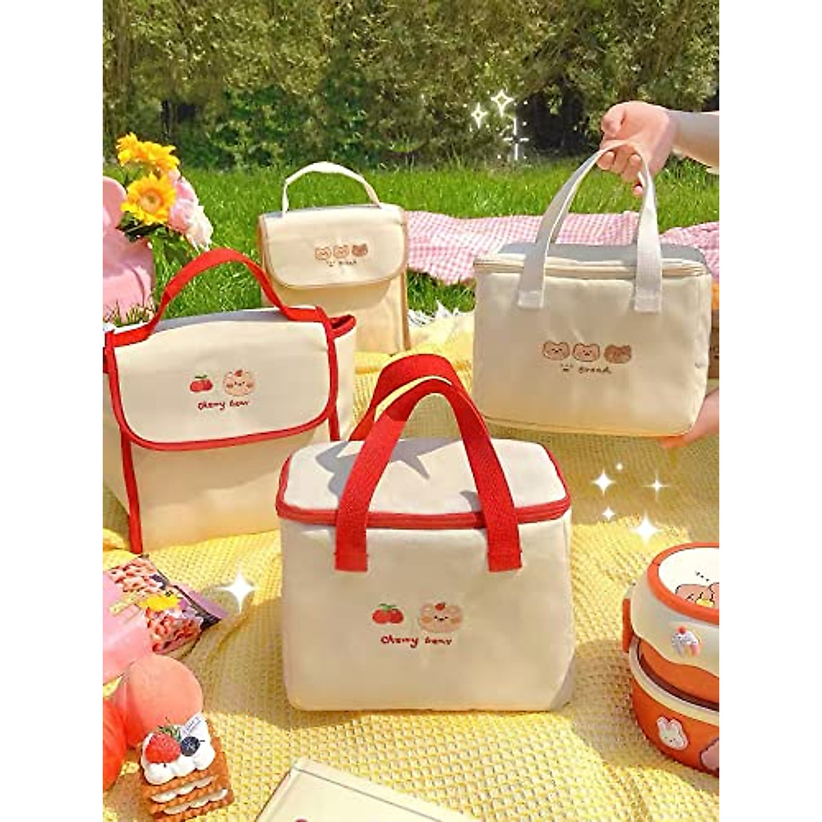 LaurelTree Aesthetic Kawaii Cute Lunch Bag Box Insulated Leakproof Waterproof Durable for Women Girls Kids Office School (Bear-Bucket)