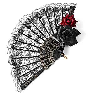 Vintage Lolita Victorian Gothic Women Lace Hand Fan Black Red Rose Gothic Fans for Party Halloween