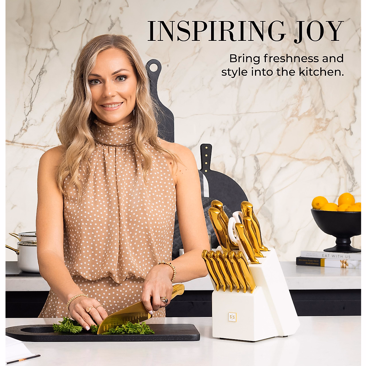 STYLED SETTINGS White and Gold Knife Set with Sharpener -14PC Self Sharpening Knife Block Set Includes Luxurious Full Tang Knives and White Knife Block - White and Gold Kitchen Decor Accessories