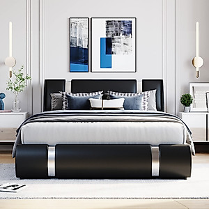 EMKK Lift Up Storage Platform Bed Frame Upholstered Queen Size beds with Upholstered Faux Leather Headboard Wooden Slat Support and Hydraulic Under Bed Storage
