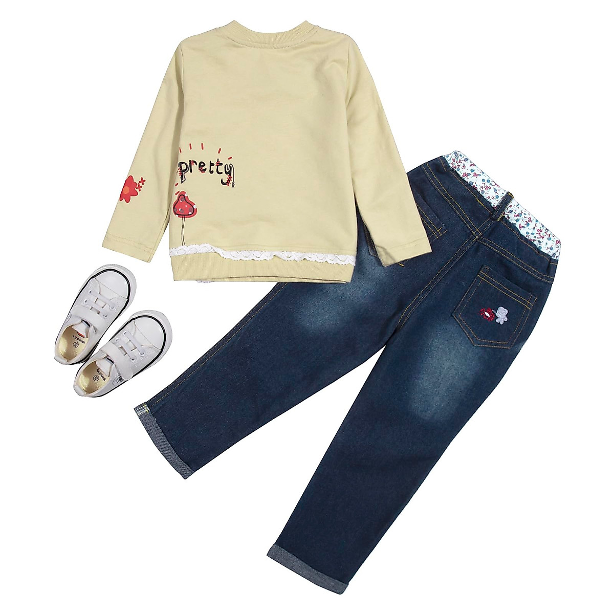 Little Girl's Long Sleeve Cartoon Pullover Shirt and Jeans Pants Outfit Set, Apricot, 4T