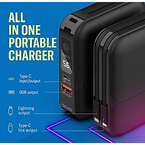 Lazy Pro New 2022 Fast Charger and Plug in Portable Charger 15000mAh | Smart Led Display Fast Charging Built-in Cables Power Bank | 4 Output & 2 Input External Battery Pack Compatible