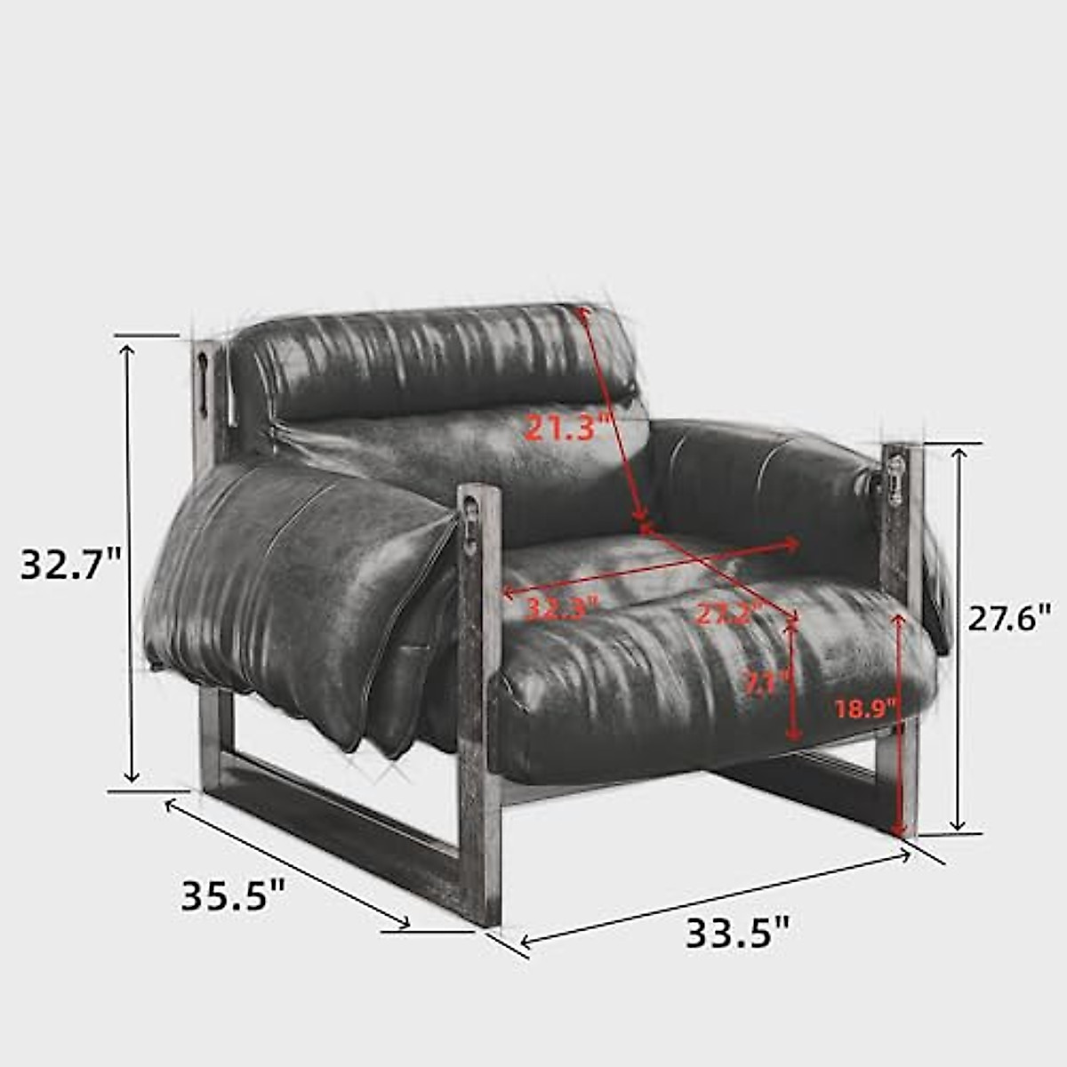 PQXM Oil Wax Leather Accent Chair, 33.5" W Solid Wood Upholstered Accent Chair for Living Room, Bedroom, Lounge, Balcony (Dark Olive)