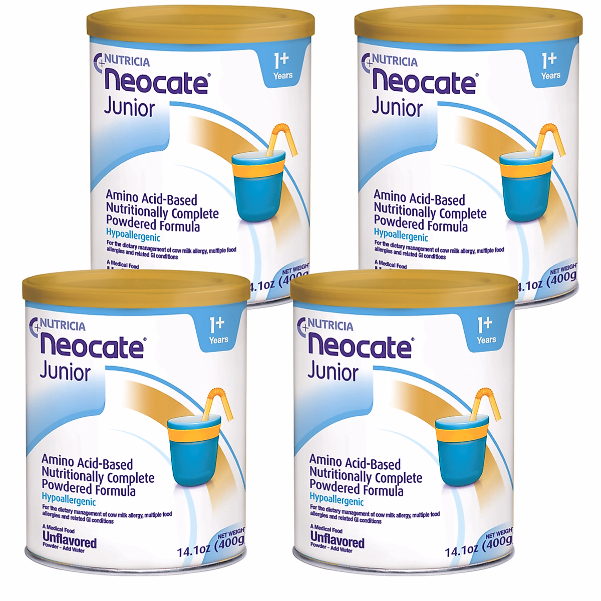 Nutricia Neocate Junior - Hypoallergenic, Dairy-free, Amino Acid-Based Formula without Prebiotics - Formula for 1+ Years - For Toddlers, Kids & Teens - Powdered Formula - 14.1 oz can (Case of 4)