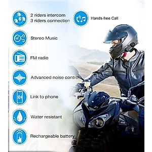FreedConn TCOM-VB Motorcycle Helmet Bluetooth Intercom Headset Communication Systems Kit, for 2 or 3 Riders, FM Radio/Mobile phone/MP3/GPS Connective/Range 800m / Handsfree (1 Set)