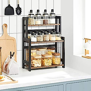 SONGMICS Spice Rack, 3-Tier Counter Shelf, Desktop Organizer with Bamboo Frame, for Countertop, Kitchen, Dining Room, Office, Rustic Brown and Black UOFS047B01
