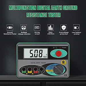 Ground Resistance Meters, Digital Earth Ground Resistance Tester 0-2000 Ohm, Multimeter Resistance Measurer Multifunction Ground Megohmmeter Measurer Resolution 0.01Ω