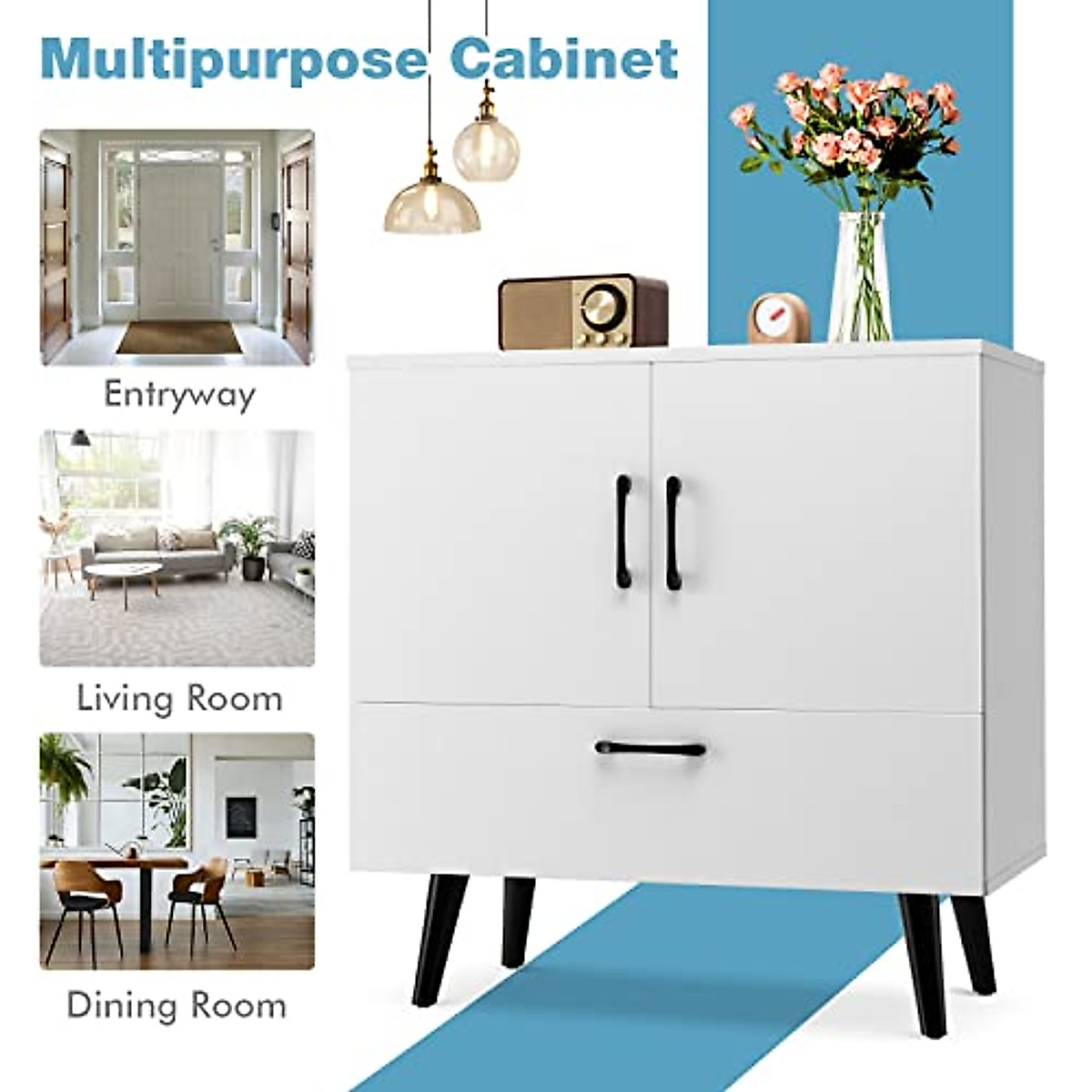 Giantex Storage Cabinet Buffet Sideboard, Accent Cabinet with Doors, Pull-Out Drawer, Freestanding Bathroom Floor Cabinet, Cupboard for Living Room, Entryway Dining Room Bar Cabinet (White)