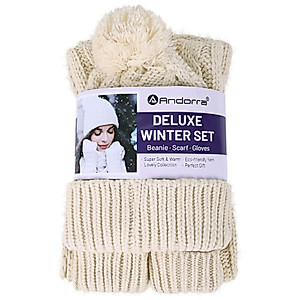 ANDORRA - 3 in 1 - Soft Warm Knitted Beanie Scarf & Gloves Winter Set Hat and Scarf Set for Women,Sand