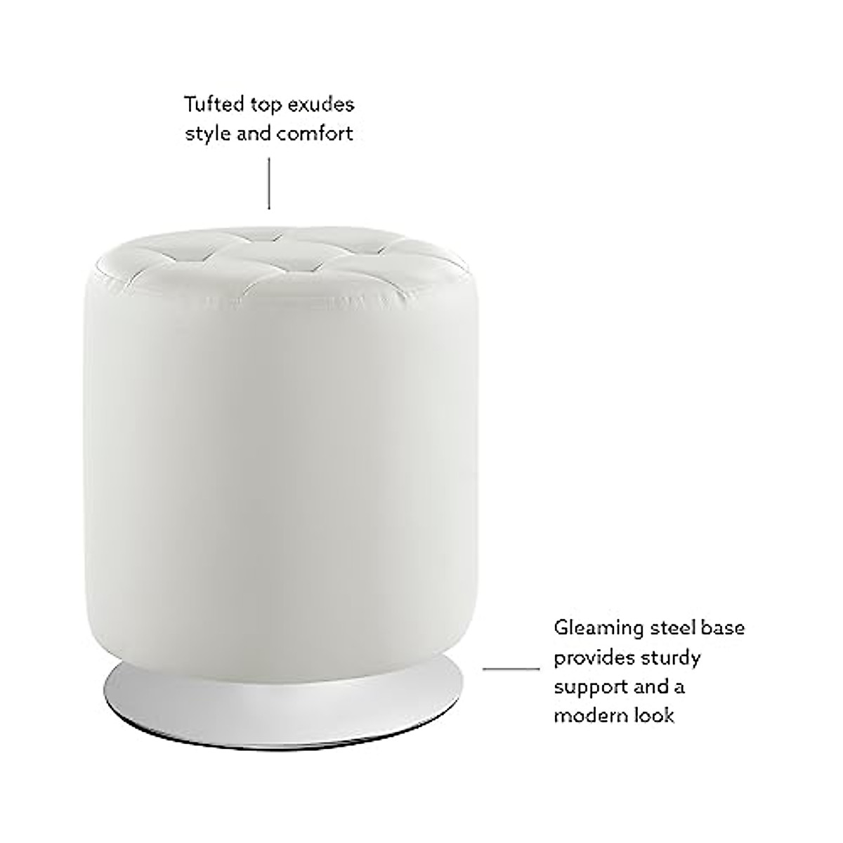 Linon White Sikes Faux Leather Tufted Swivel Ottoman with Chrome Base