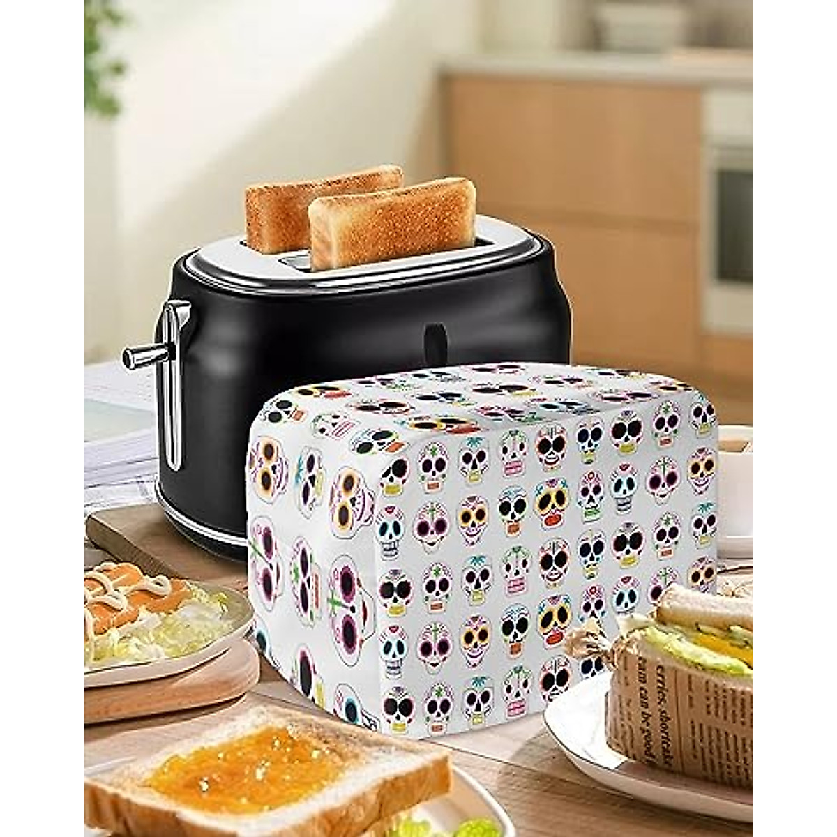 Toaster Cover, 2 Slice Toaster Cover Halloween Sugar Skull Day of The Dead Pattern Kitchen Small Appliance Covers, Dust and Machine Washable Bread Maker Cover (12w X 7.5d X 8h)