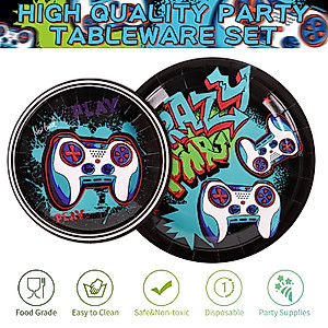 96 Pcs Video Game Party Supplies Paper Plates Napkins Gaming Party Birthday Decorations Favors for Kids Gaming Serves 24