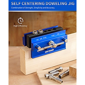DAYDOOR Self Centering Doweling Jig Kit, Adjustable Width Dowel Jig for Woodworking, Centering Jig for Straight Holes Biscuit Joiner Set with 6 Bushings(Blue)