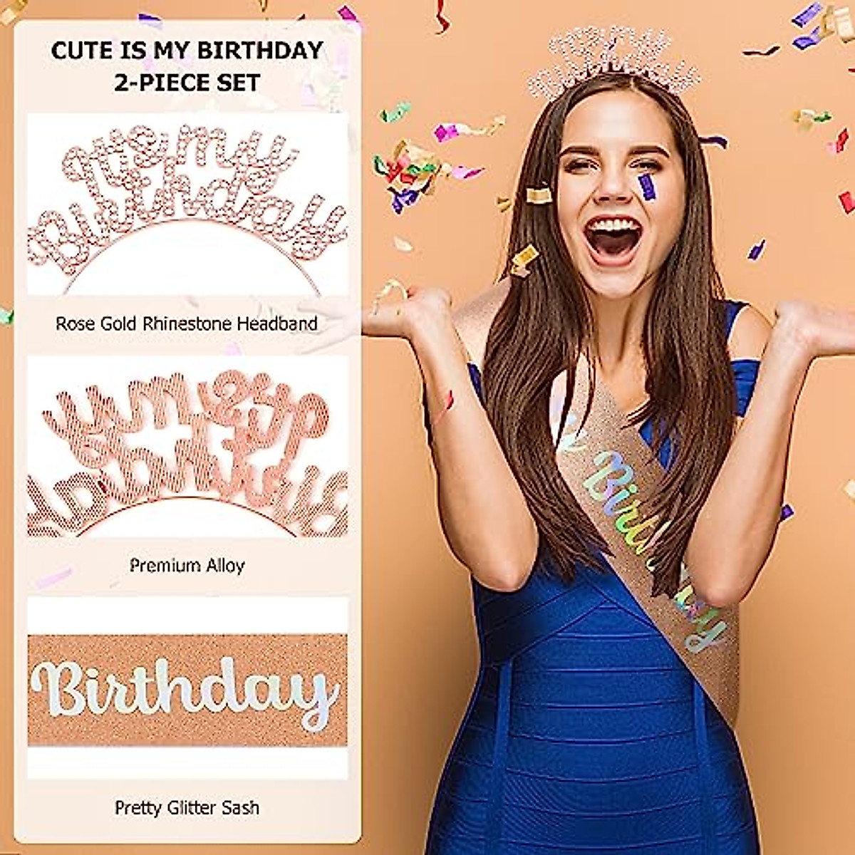 BAHABY Birthday Crowns for Women, It's My Birthday Sash & Birthday Headband Set Princess Birthday Sash and Rhinestone Tiara Birthday Gifts for Women Girls Sweet Happy Birthday Accessories for Party- Rose Gold