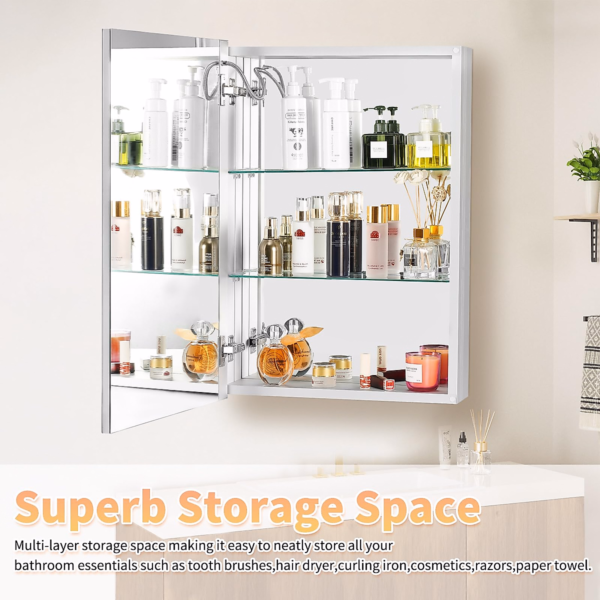 SIMEFUL Bathroom Medicine Cabinet with LED Mirror, 20"×28" Wall Mounted Mirror Cabinet with Adjustable Shelf, Anti-Fog, Memory Function, IP44 Waterproof, Dimmable 3 Colors