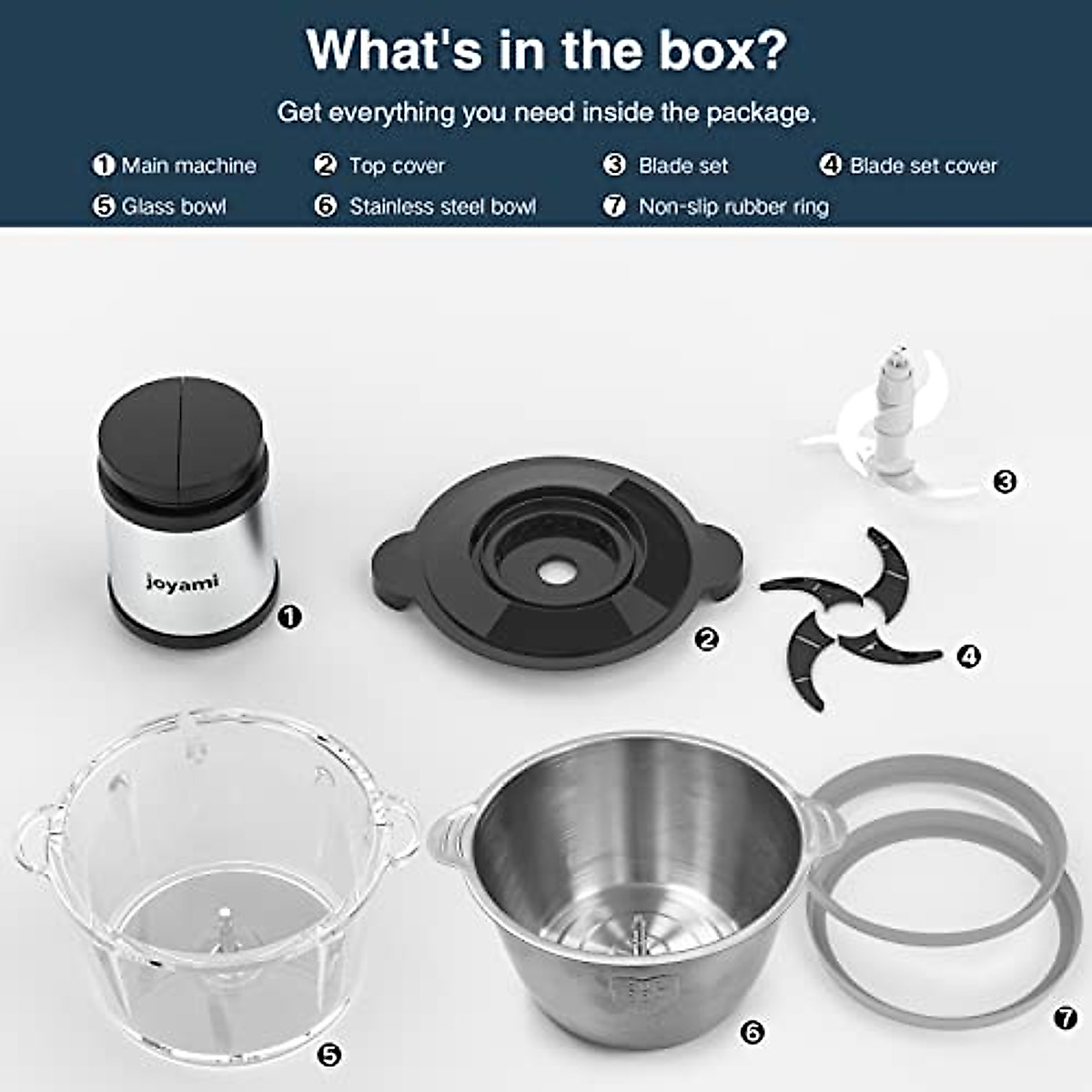 joyami Meat Grinder Electric Food Processor 2L Food Chopper with 4 Sharp Blades, Stainless Steel Bowl and Glass Bowl, 400W