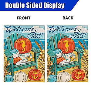 Covido Welcome Fall Garden Flag Home Decorative Blue White Pumpkin House Yard Outside Beach Small Flag Autumn Nautical Seahorse Coastal Decoration Ocean Sea Polka Dots Outdoor Decor Double Sided 12x18