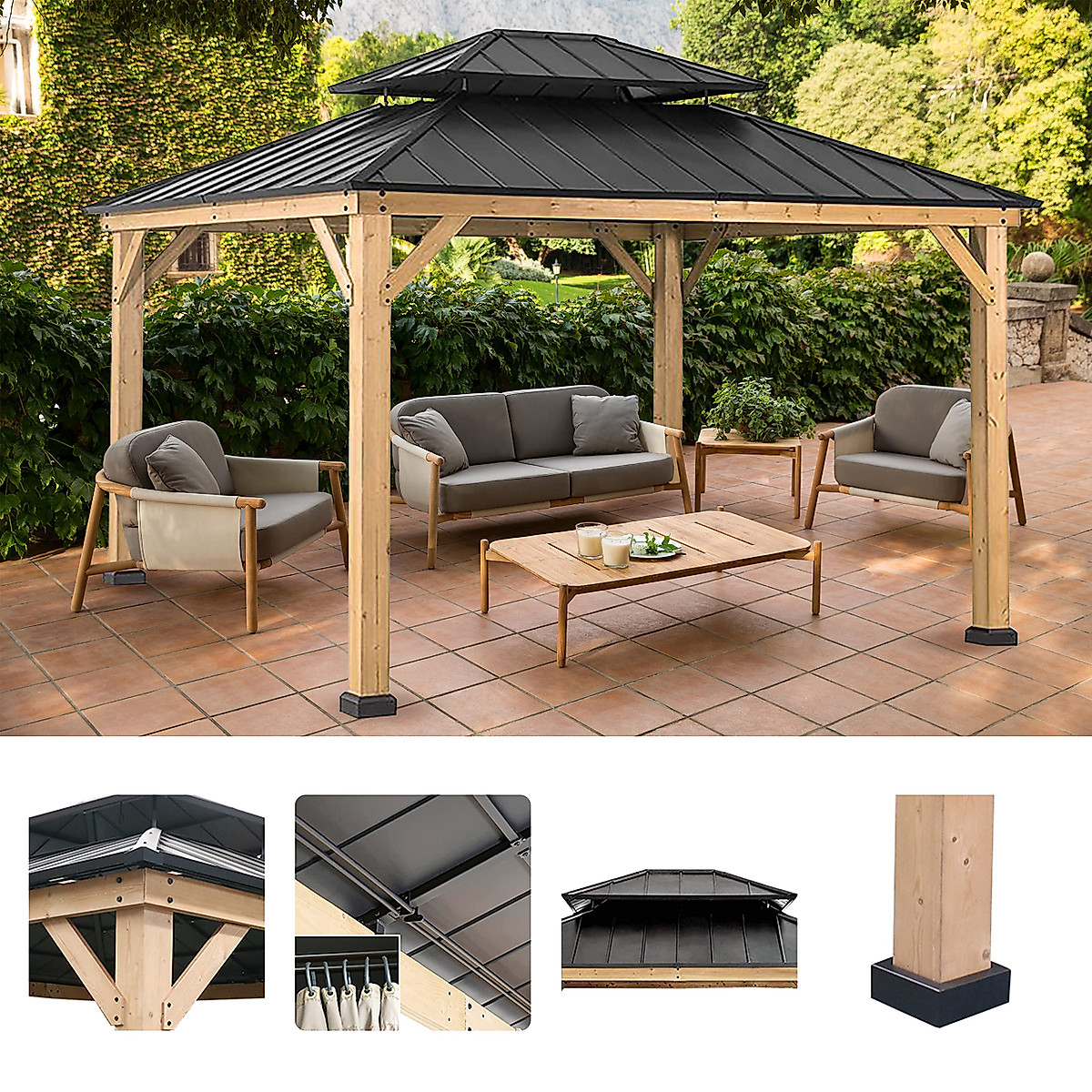 CoastShade 13x15 ft. Outdoor Wood Gazebo, Cedar Framed Patio Gazebo with 2-Tier Brown Steel Hardtop Roof for Patio,Garden,Backyard,Lawn and Deck