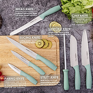 AOKEDA 15pcs Kitchen Knife Set with Block, Sharpener and Scissor, Stainless Steel Knives with Extre-light Straw Handle (Mint Green)