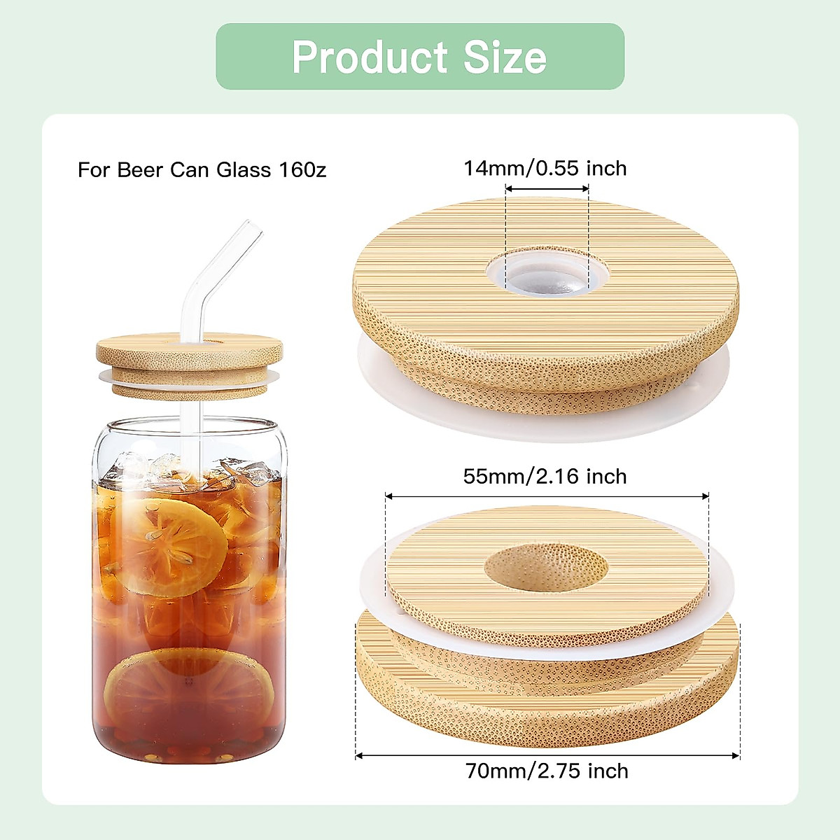 Febflo Bamboo Lids for Glass Cups with Straw Hole, 2.75inch/70mm Wooden Lids for 16OZ Beer Can Cups, Replacement for Regular Mouth 20 24 OZ Cups, 4 Pack