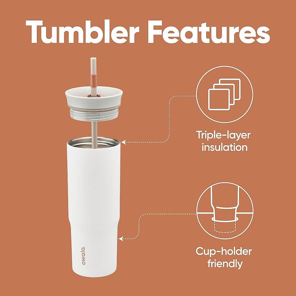 Owala Stainless Steel Triple Layer Insulated Travel Tumbler with Spill Resistant Lid and Straw, BPA Free, 24 oz, Grey/White (Iced Tea)